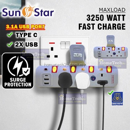 SUNSTAR Multiple T-Adaptor Socket 3Way 4Way Adaport with 3.1A USB Type ...