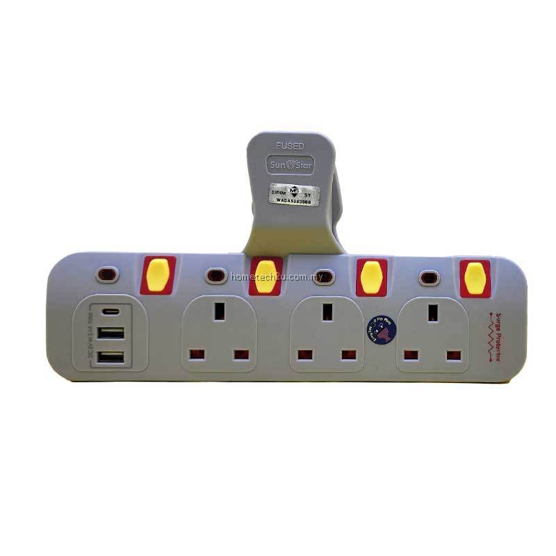 SUNSTAR Multiple T-Adaptor Socket 3Way 4Way Adaport with 3.1A USB Type ...
